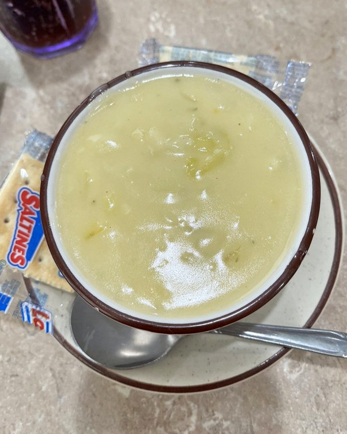 Soup that warms the soul and clears the sinuses. Each spoonful delivers comfort in liquid form, with crackers standing by for dunking duty.