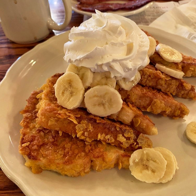 Cornflake-crusted French toast with bananas and whipped cream&mdash;the breakfast equivalent of wearing a tuxedo to a pool party.
