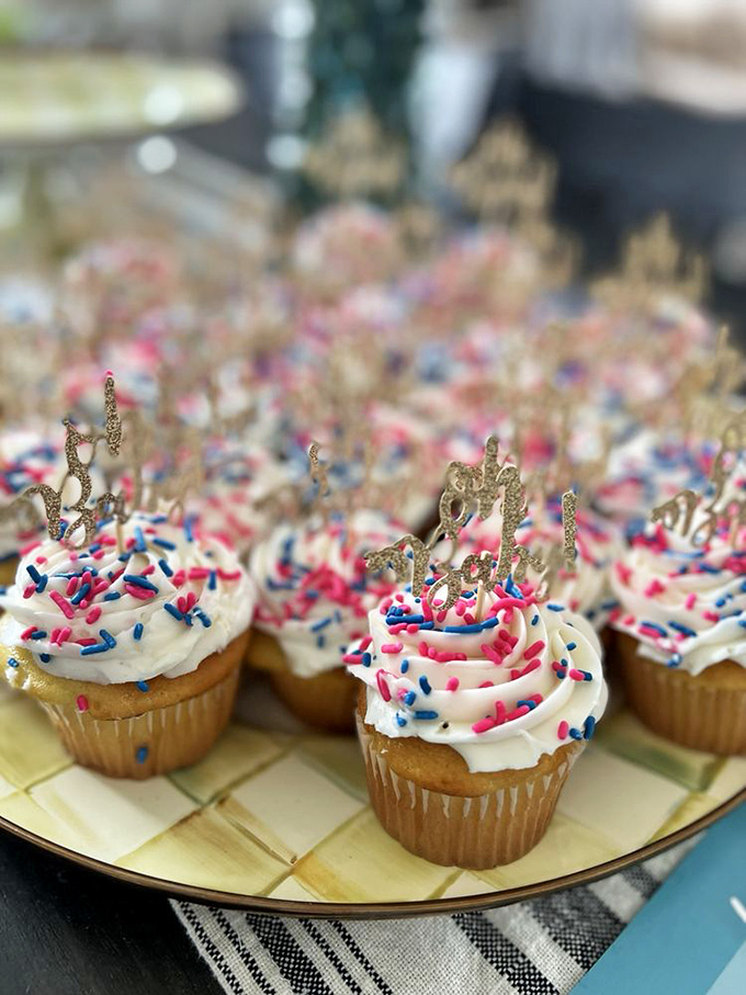 These patriotic cupcakes aren't just desserts&mdash;they're tiny celebrations topped with sprinkles and golden birthday wishes.