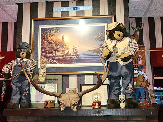 "Eat, Sleep, Fish, Repeat"&mdash;not just a cute sign but the unofficial state motto displayed proudly alongside teddy bears dressed better than I am. 