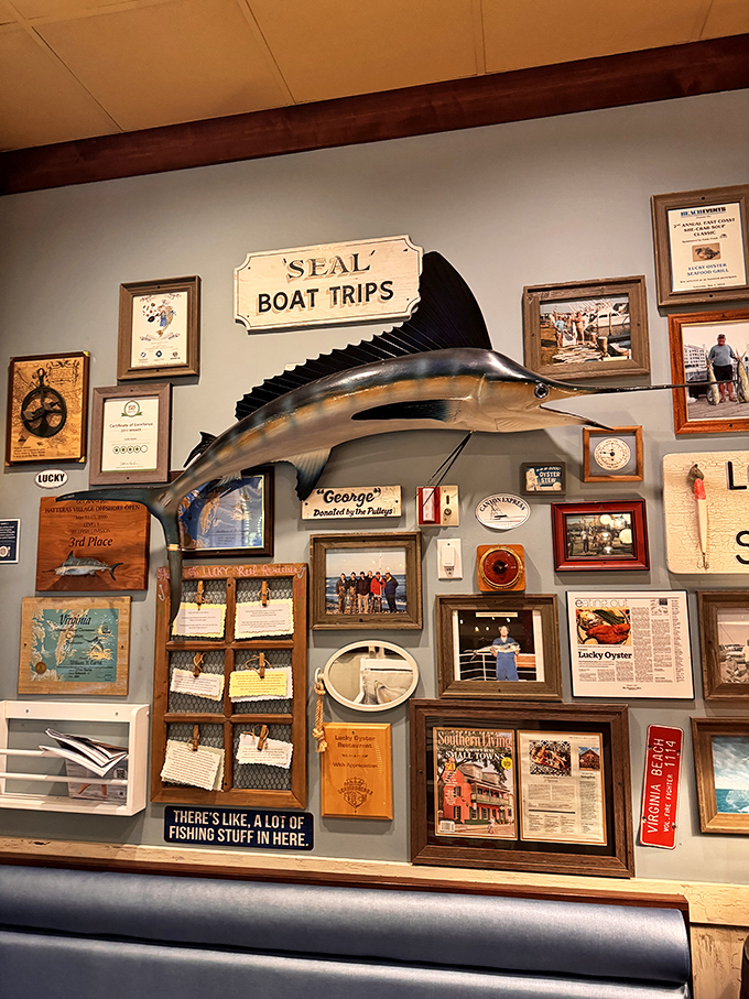 When a restaurant dedicates an entire wall to fishing memories, you know they're serious about what swims into their kitchen.