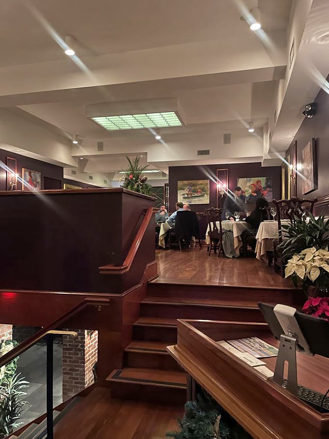 Multi-level dining spaces with rich wood finishes offer intimate settings for everything from business dinners to milestone celebrations.