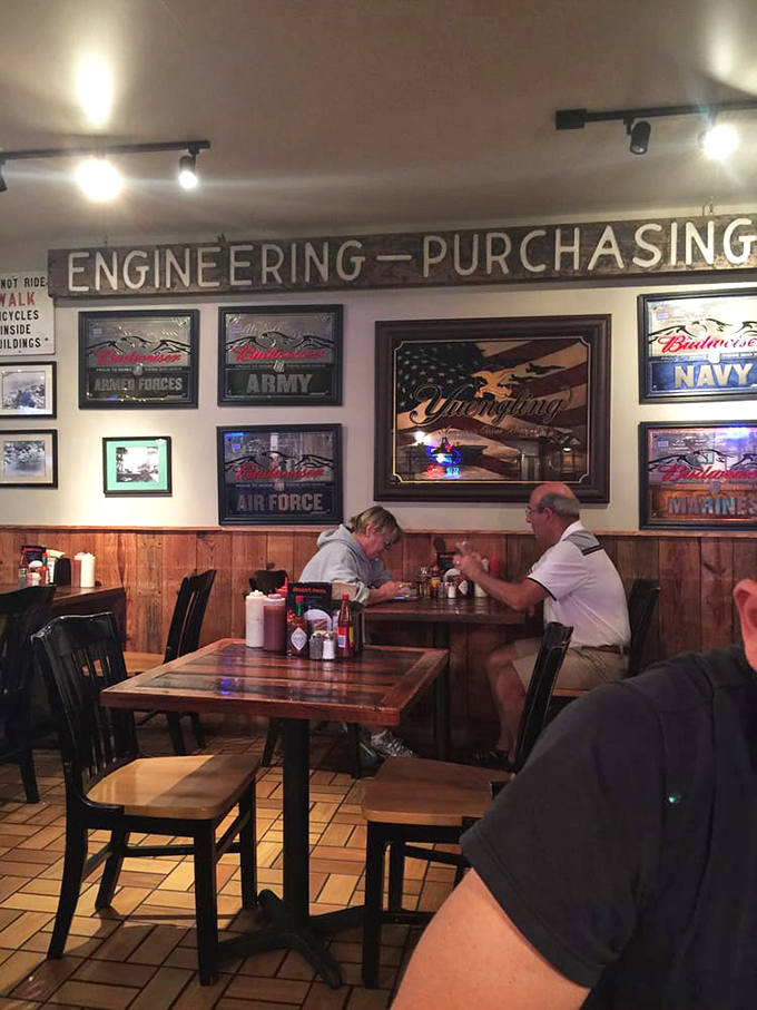 Military memorabilia adorns the walls, honoring the nearby naval community. A restaurant that knows exactly where it is and who it serves.