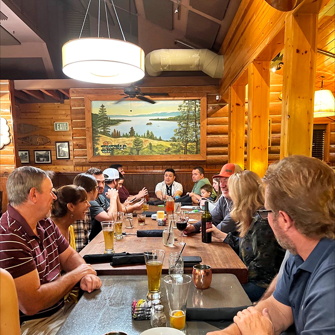The large table setup shows Tahoe Joe's isn't just a meal&mdash;it's where memories are made. Those beers and smiles suggest nobody's rushing back to reality anytime soon.