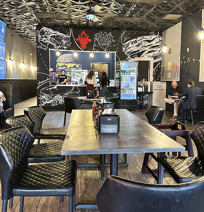 Industrial-chic meets comfort in a space designed for the serious business of enjoying exceptional halal burgers.