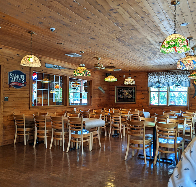 Empty tables waiting for the dinner rush&mdash;like a calm sea before the delicious storm of crab mallets and laughter rolls in.