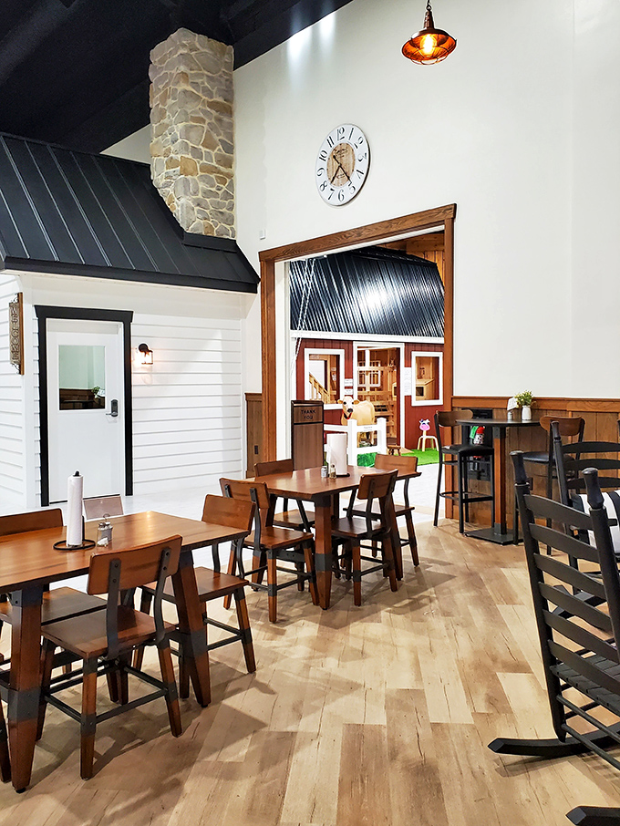 Clean lines, warm woods, and thoughtful design make this dining space feel both spacious and intimate &ndash; like eating in a well-loved country home.