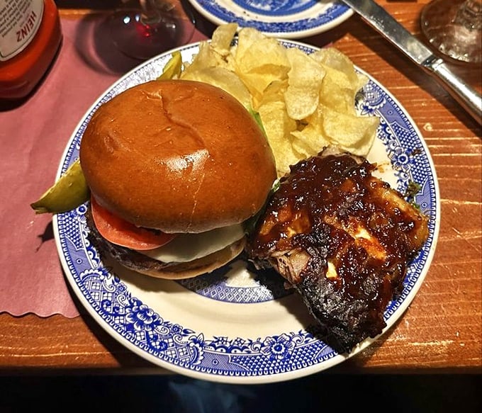 This isn't just a burger &ndash; it's comfort food diplomacy with barbecued ribs as its ambassador. The potato chips are just showing off. 