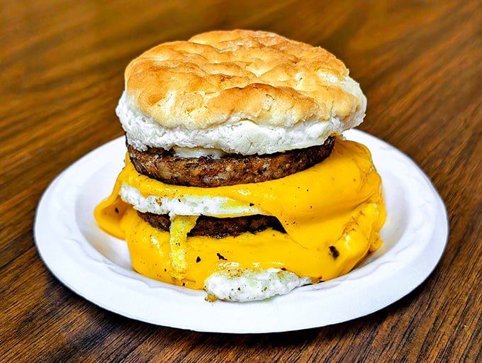 Behold the breakfast sandwich in its final form &ndash; a glorious stack of eggs, sausage and cheese that makes alarm clocks worthwhile.