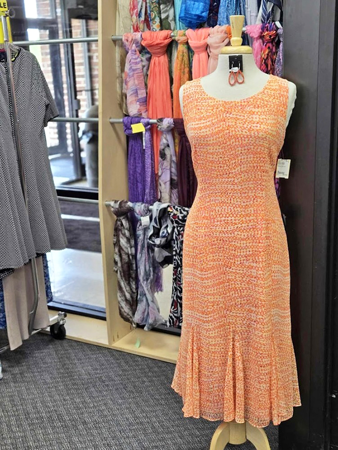 Coral elegance stands ready for its next special occasion, while a rainbow of scarves waits patiently to transform basic outfits into statements.