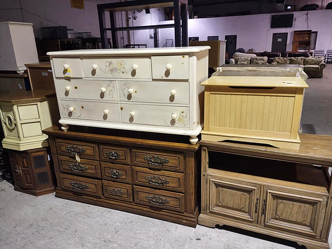 Dresser diplomacy: French Provincial meets mid-century modern meets beach cottage in this wooden United Nations of storage solutions.