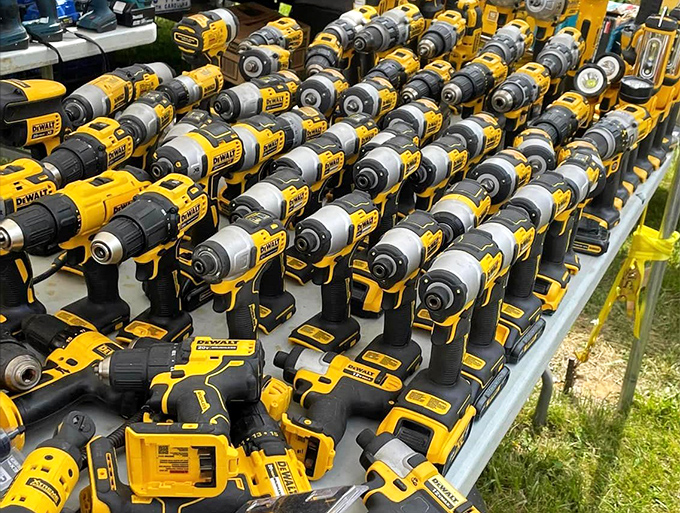 The yellow army stands at attention. More power tools in one place than your neighbor who "has everything" could ever imagine.