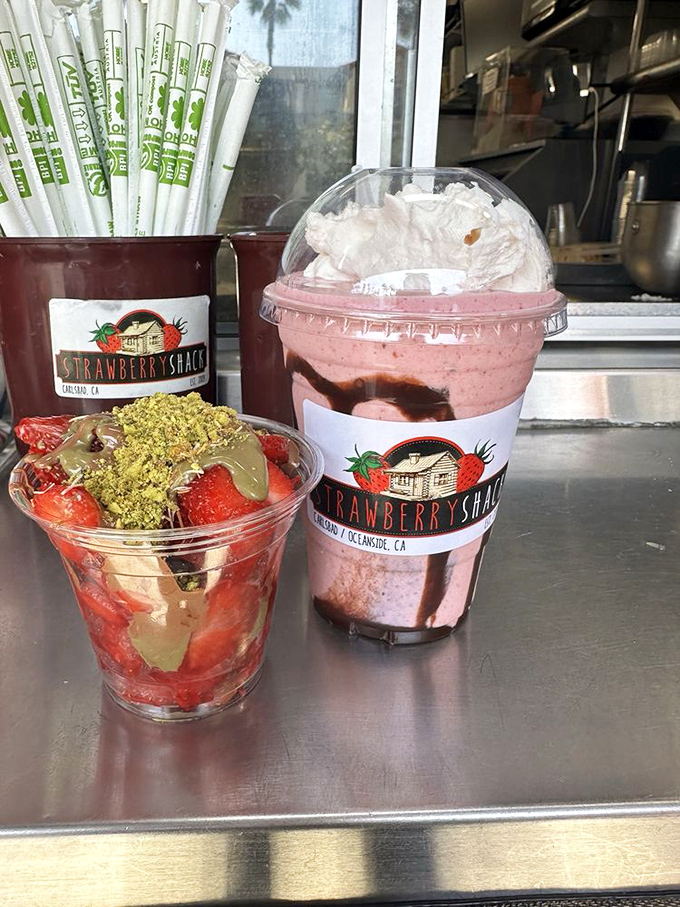 Dubai chocolate meets California strawberries in shake form – it's like the United Nations of desserts decided to party.