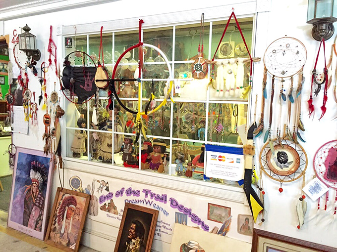 Dreamcatchers and spiritual art create a bohemian corner where your wallet gets lighter as your karma gets heavier.