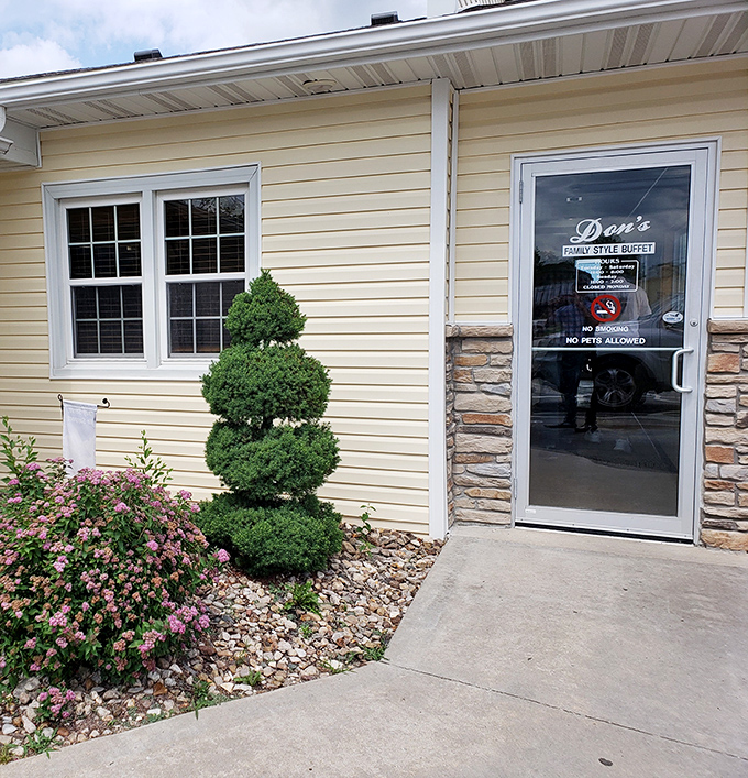 The welcoming entrance hints at the homestyle treasures waiting just beyond those doors.