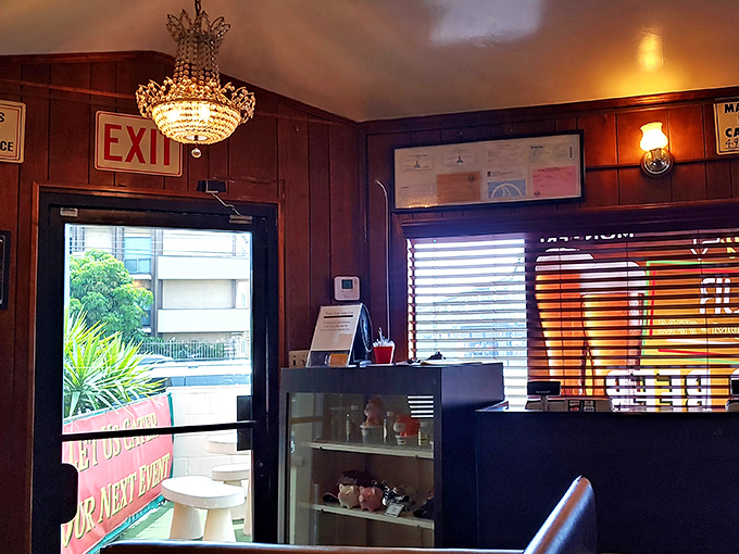 Even the exit sign looks appetizing when you're surrounded by the aroma of smoked meats and BBQ sauce.