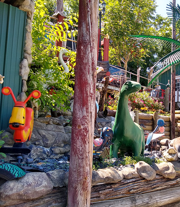 Whimsical outdoor decorations prove that Tackle Box 2 doesn't take itself too seriously. That dinosaur has seen some things.