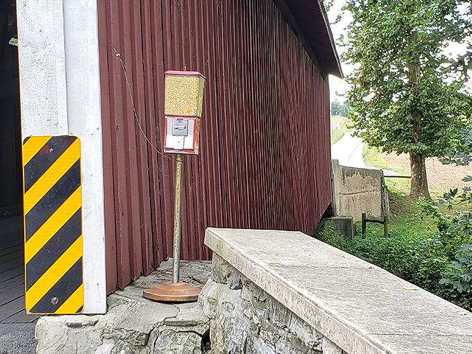 Unexpected treasures hide around every corner. This vintage gumball machine stands sentinel beside the bridge, a quirky touch of Americana.