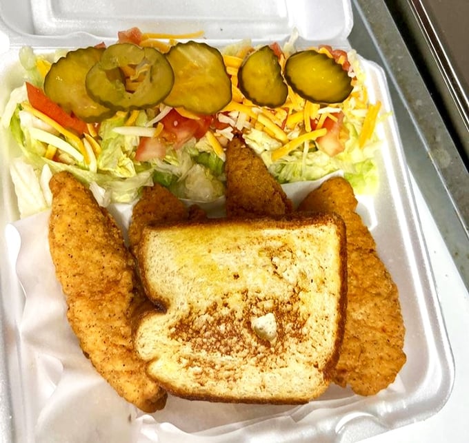 The fish basket comes with a side of nostalgia, featuring crispy fillets, buttery toast, and a fresh salad to ease your conscience.