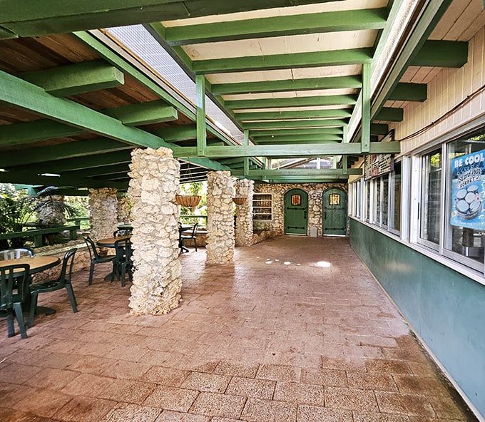 The rustic dining area combines the charm of outdoor eating with the excitement of wondering if a monkey might join your table. 