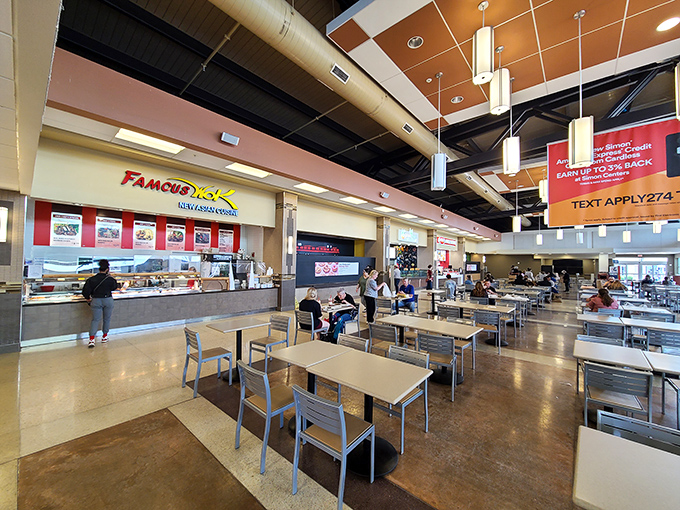 The food pavilion: where hungry shoppers refuel for round two of bargain hunting. Those tables have witnessed many "look what I found" revelations.