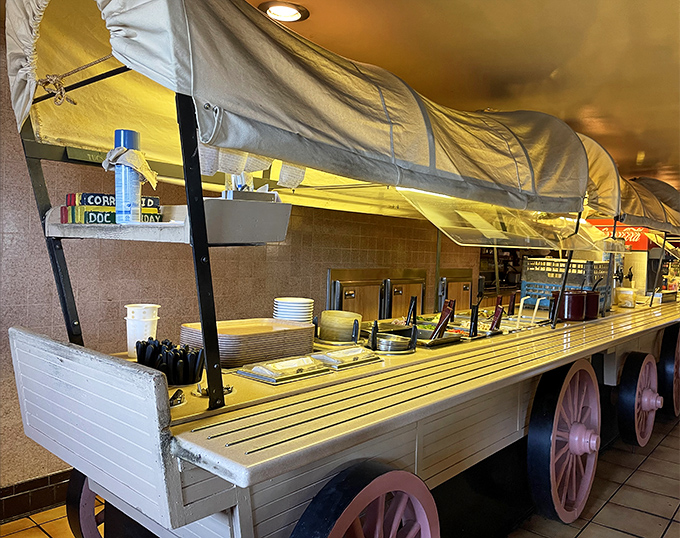 This wagon-shaped serving station isn't just functional&mdash;it's a charming reminder that you're in a place where theme and taste coexist beautifully.