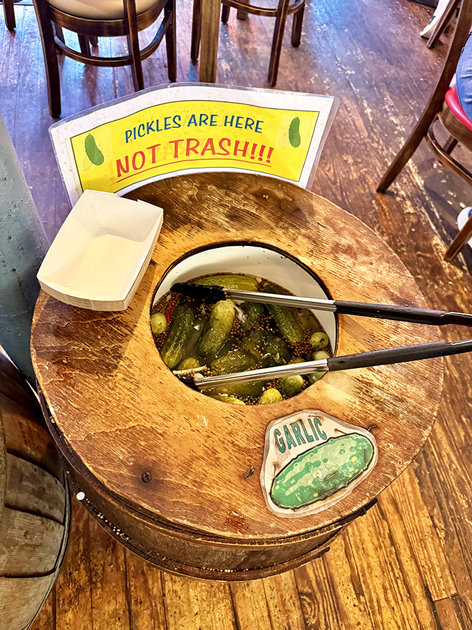 PICKLES ARE HERE NOT TRASH!!! declares the sign above the barrel&mdash;perhaps the most passionate pickle advocacy you'll ever encounter.