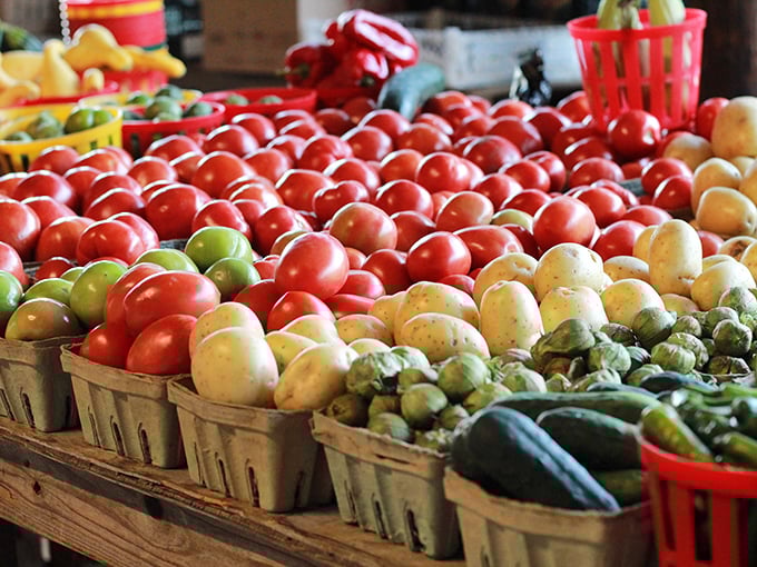 Farm-to-flea-market freshness! These tomatoes and vegetables didn't travel across continents—just across the county to brighten your weekend meals.