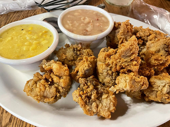 Chicken livers that have found their higher calling through the miracle of deep-frying. Paired with creamed corn and gravy, they're a Southern delicacy worth discovering.