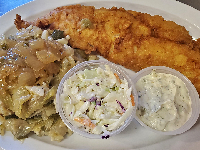 This isn't just fried fish&mdash;it's a golden-crusted masterpiece served with haluski and coleslaw that makes Friday fish fry feel like a special occasion.