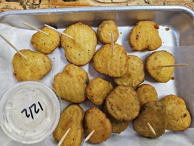 Fried pickles on a stick&mdash;because everything tastes better when impaled. The perfect tangy counterpoint to a cold beer.