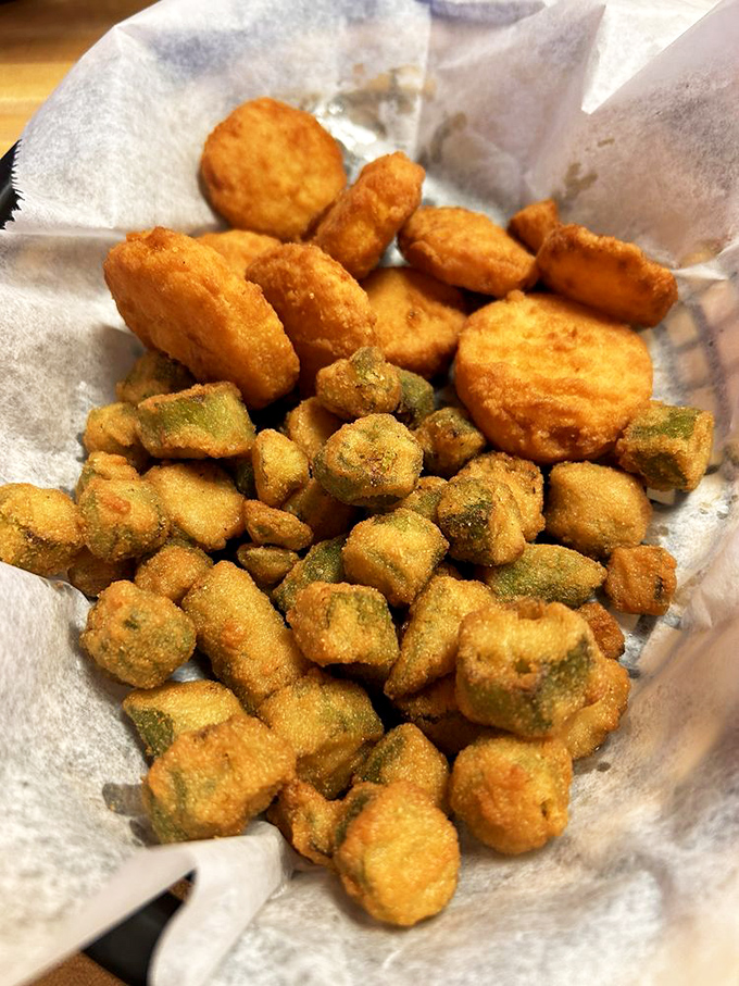 Fried okra and squash that achieve the impossible: light, crispy, and somehow making you feel virtuous about eating deep-fried vegetables.