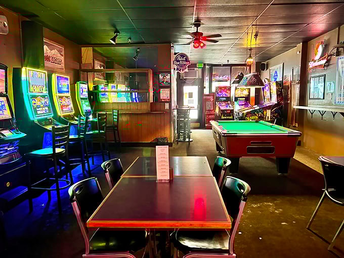When your food coma subsides, challenge a friend to pool or video games in this retro game area that hasn't changed since Reagan was president.