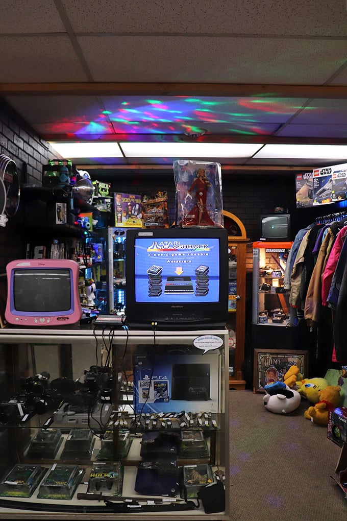 Gaming history illuminated by disco lights. From Atari to PlayStation, this corner celebrates the evolution of digital entertainment across generations.