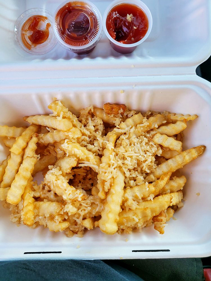 Garlic fries with three dipping sauces&mdash;because sometimes one condiment simply cannot contain all your feelings about fried potatoes.