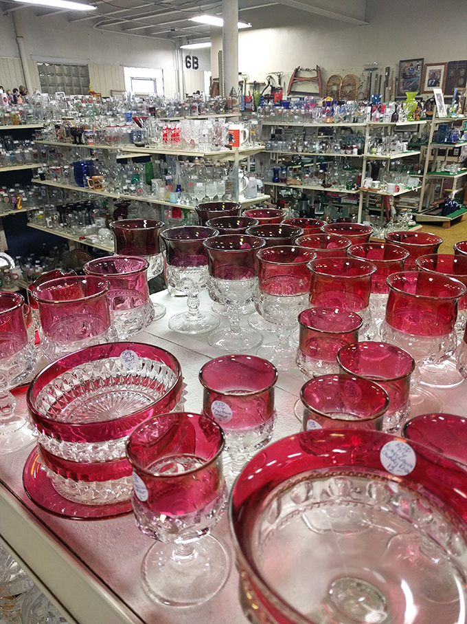 Ruby-red glassware catches the light like liquid garnets. Cranberry glass: the collectible that makes everything you drink look like a celebration.