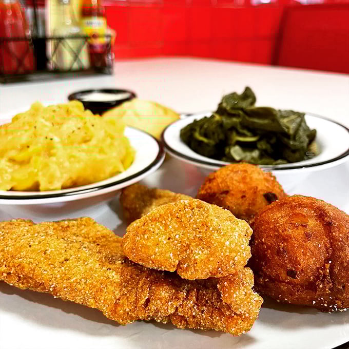 Golden-fried perfection meets Southern sides&mdash;crispy catfish alongside mac and cheese and collard greens creates the holy trinity of comfort food.