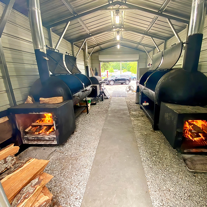 The smoke cathedral—where hickory logs transform into flavor and pitmasters perform the slow-magic ritual that turns tough cuts into treasures.