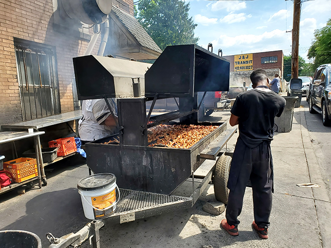 The source of all that smoky magic. This custom smoker has probably seen more action than a Pittsburgh Steelers defensive line.