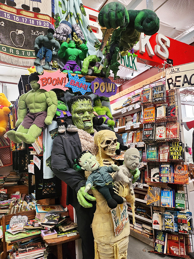 Halloween meets comic book culture in this booth where Hulk figures and spooky props create a year-round celebration of the delightfully strange.
