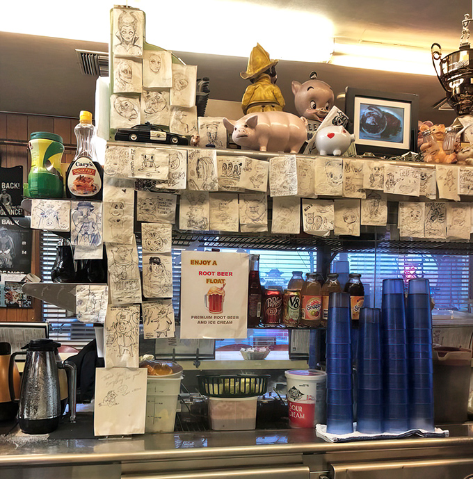 Every pig drawing represents a satisfied customer, creating a gallery of porcine appreciation that's more authentic than any five-star Yelp review.