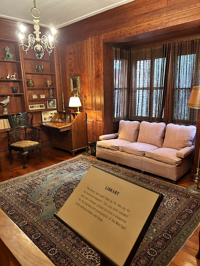 A library that makes you want to curl up with a classic novel. Wood paneling and oriental rugs: the original cozy aesthetic.