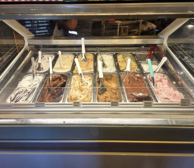 Gelato flavors lined up like edible jewels. The hardest decision you'll make all day is whether to choose one scoop or surrender to several.