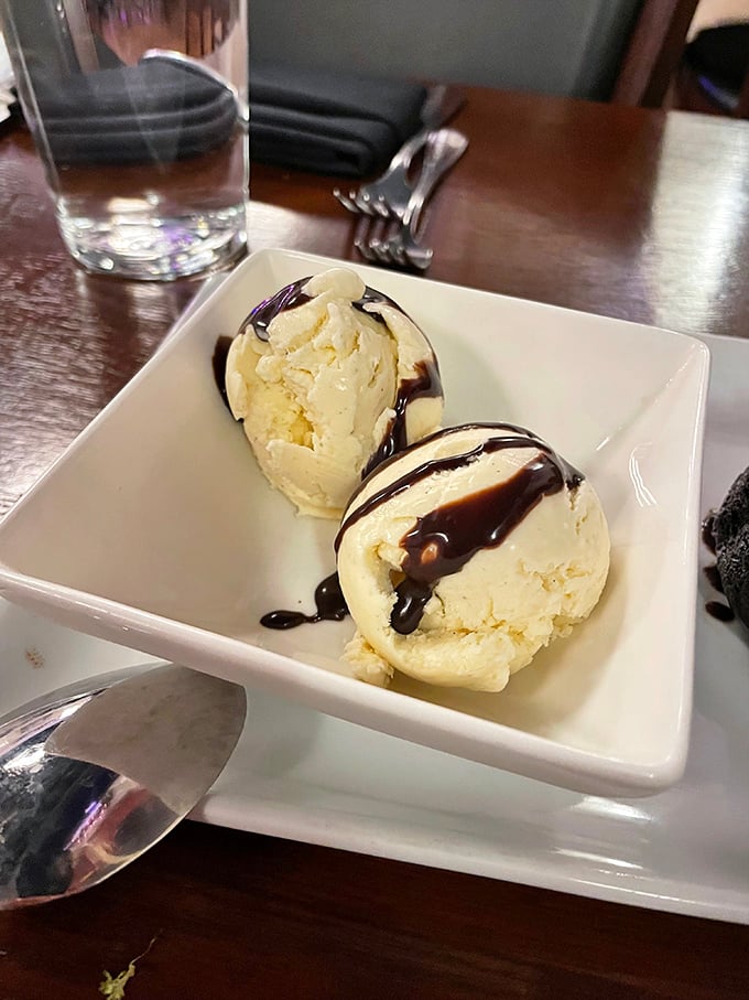 Two scoops of vanilla ice cream with chocolate sauce&mdash;proof that even the classics receive respectful treatment at Guerrera.