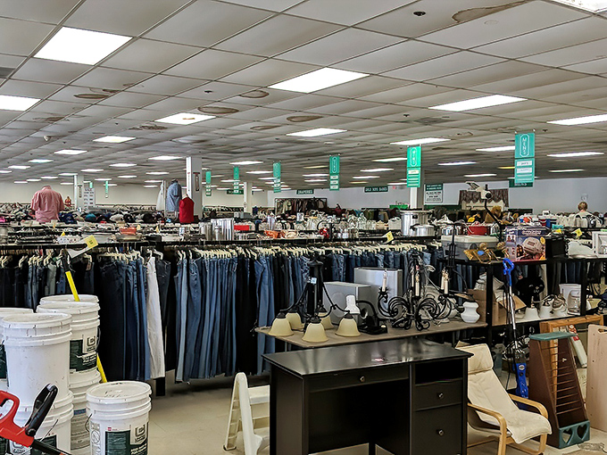 Another angle reveals the vastness of the clothing selection. Like an archaeological dig through decades of fashion, layers waiting to be uncovered.