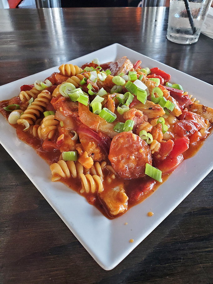 Not just burgers! This jambalaya pasta brings New Orleans flair to St. Pete with sausage, peppers, and enough flavor to make you temporarily forget about beef.