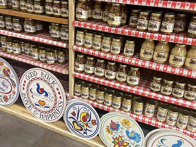 Pennsylvania Dutch canning traditions line these shelves like edible works of art, with pickled everything just waiting to complement your next sandwich.