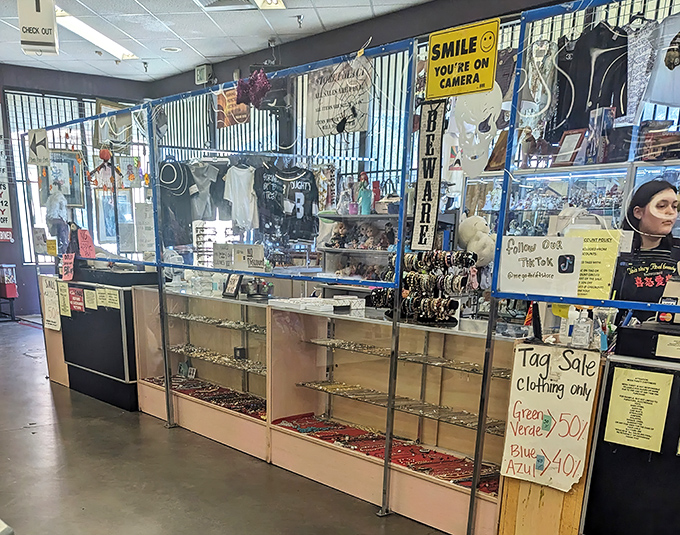 Sparkly treasures behind glass, because even thrift stores know jewelry deserves the VIP treatment.