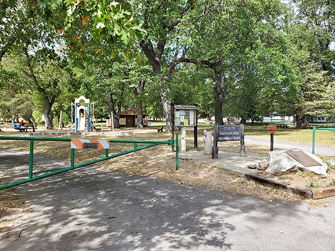 Johnson-Joss Memorial Park offers shade trees and playground equipment. Where kids still play outside without needing to charge their fun.