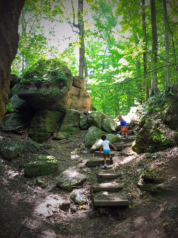 Young explorers tackle the stone stairway with enviable energy. Kids instinctively understand the park's greatest truth: the best views require the toughest climbs. 